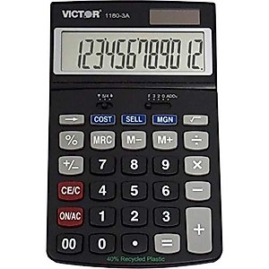 Victor 1180-3A 12-Digit Standard Function Calculator, Battery and Solar Hybrid Powered Adjustable Angle LCD Display, Great for Home and Office Desks, Black