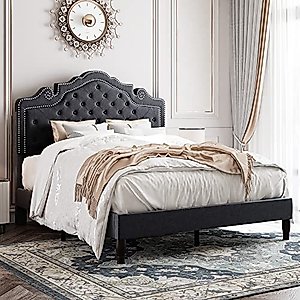 Allewie Queen Bed Frame with Adjustable Tiara Headboard, Fabric Upholstered Diamond Button Tufted Platform Bed, Wood Slats Support, No Box Spring Needed, Mattress Foundation, Easy Assembly, Dark Grey