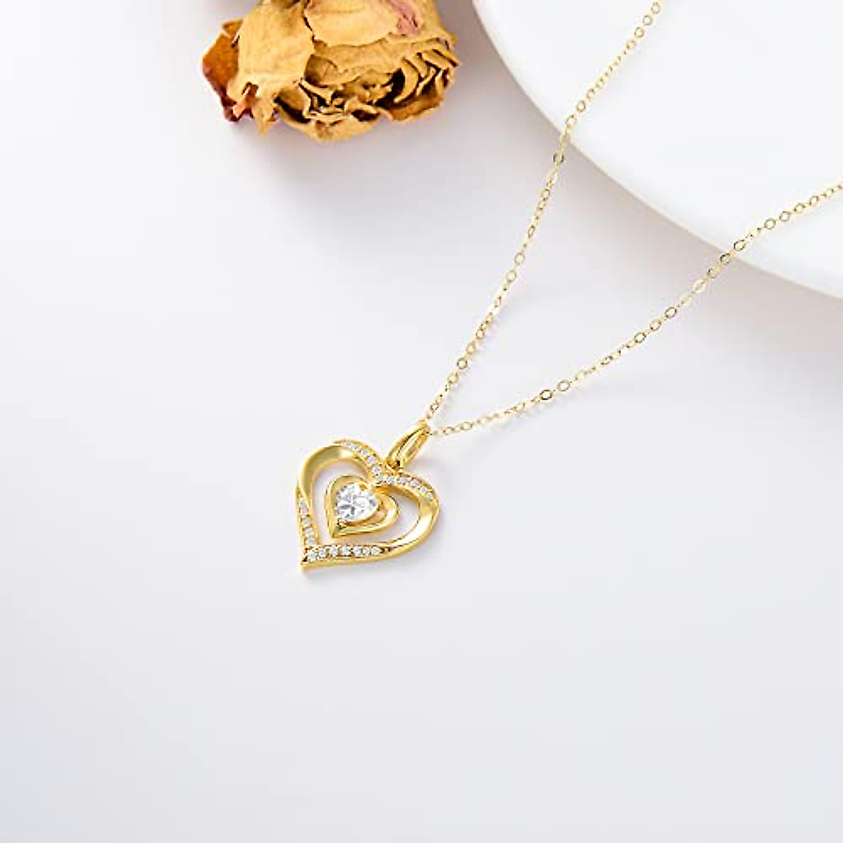 14K Solid Gold Heart Necklace for Women, "Forever Love In My Heart" Real Yellow Gold Love Heart Pendant Delicate Jewelry Gifts for Mom, Wife, 16-18 inch