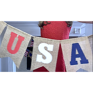 Shimmer Anna Shine USA American Flag Patriotic Burlap Banner for 4th of July Decorations Red White and Blue Memorial Day Decor (USA Stars and Stripes)