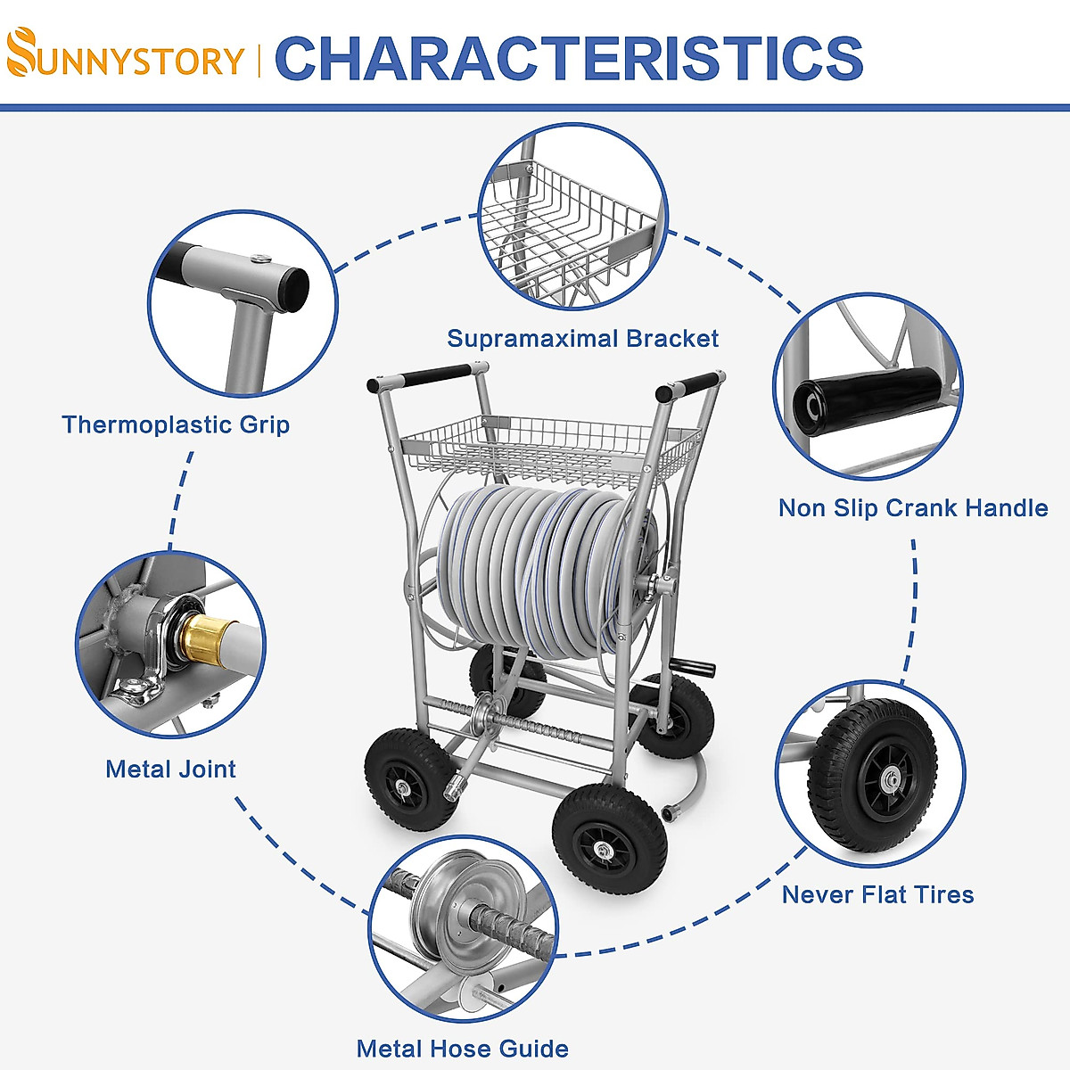 SUNNYSTORY All Metal Garden Hose Reel Cart with Metal Hose Guide System, Holds 150 Feet of 5/8 Inch Hose Cart with Solid Tires for Garden, Yard, Lawn