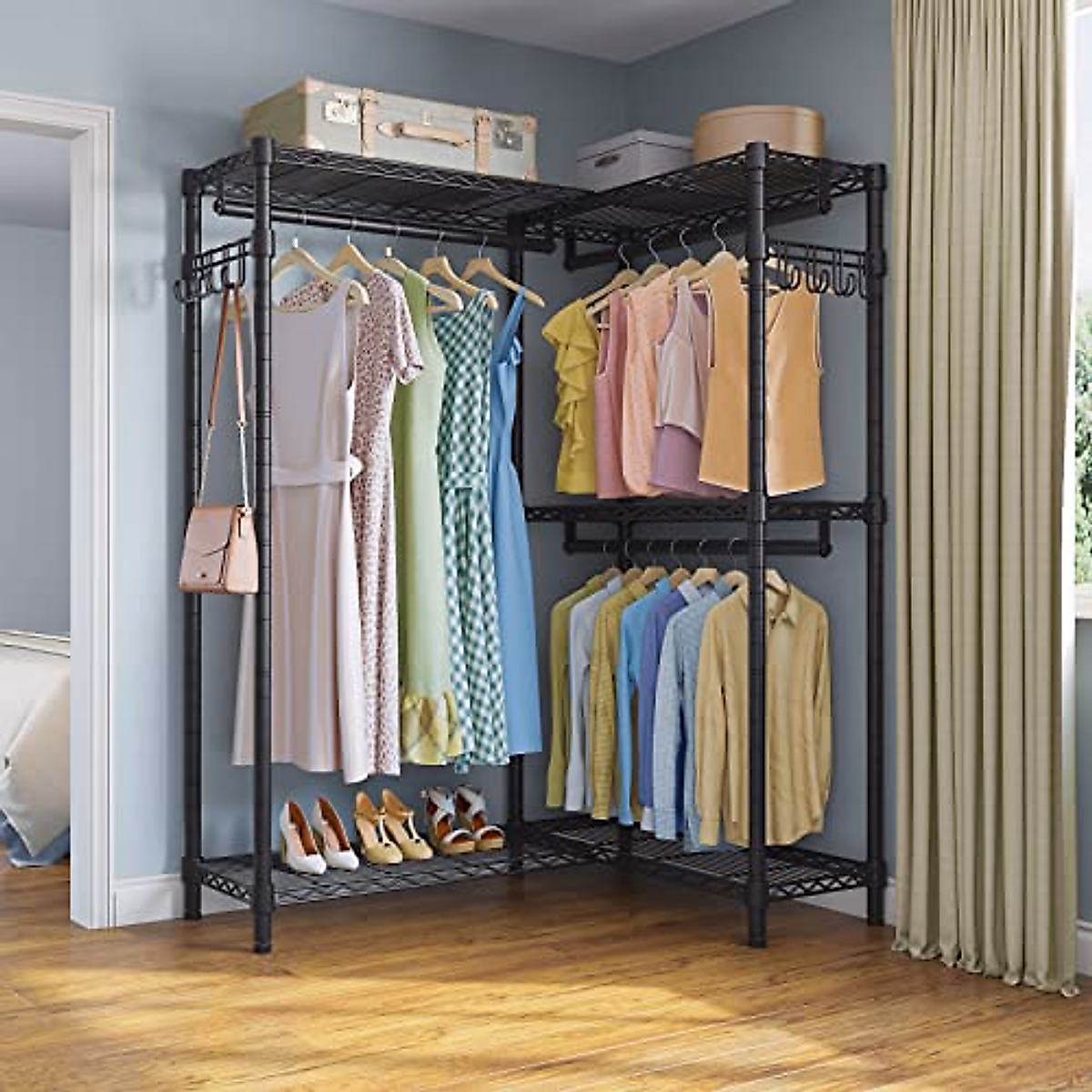 VIPEK L4 Garment Rack L Shaped Clothes Rack for Corner, Freestanding Portable Wardrobe Closet Heavy Duty Clothing Rack with 3 Hanging Rods & 2 Side Hooks, 43.3"Lx29.1"Wx76.4"H, Max Load 750LBS, Black