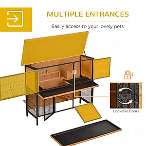 PawHut 48" 2-Story Large Rabbit Hutch Bunny Cage Wooden Pet House Metal Frame with Individual Room, Ramp, No Leak Tray, Feeding Trough, Waterproof Asphalt Roof for Outdoor/Indoor