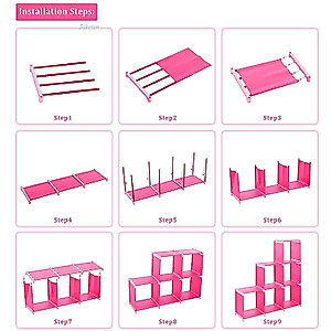 OPPSDECOR 9-Cubes Bookshelf, 4 Tier Shelf Adjustable DIY Bookcases for Kid, Book Shelf Organizing Storage Shelving Cabinet for Bedroom Living Room Office (Pink)