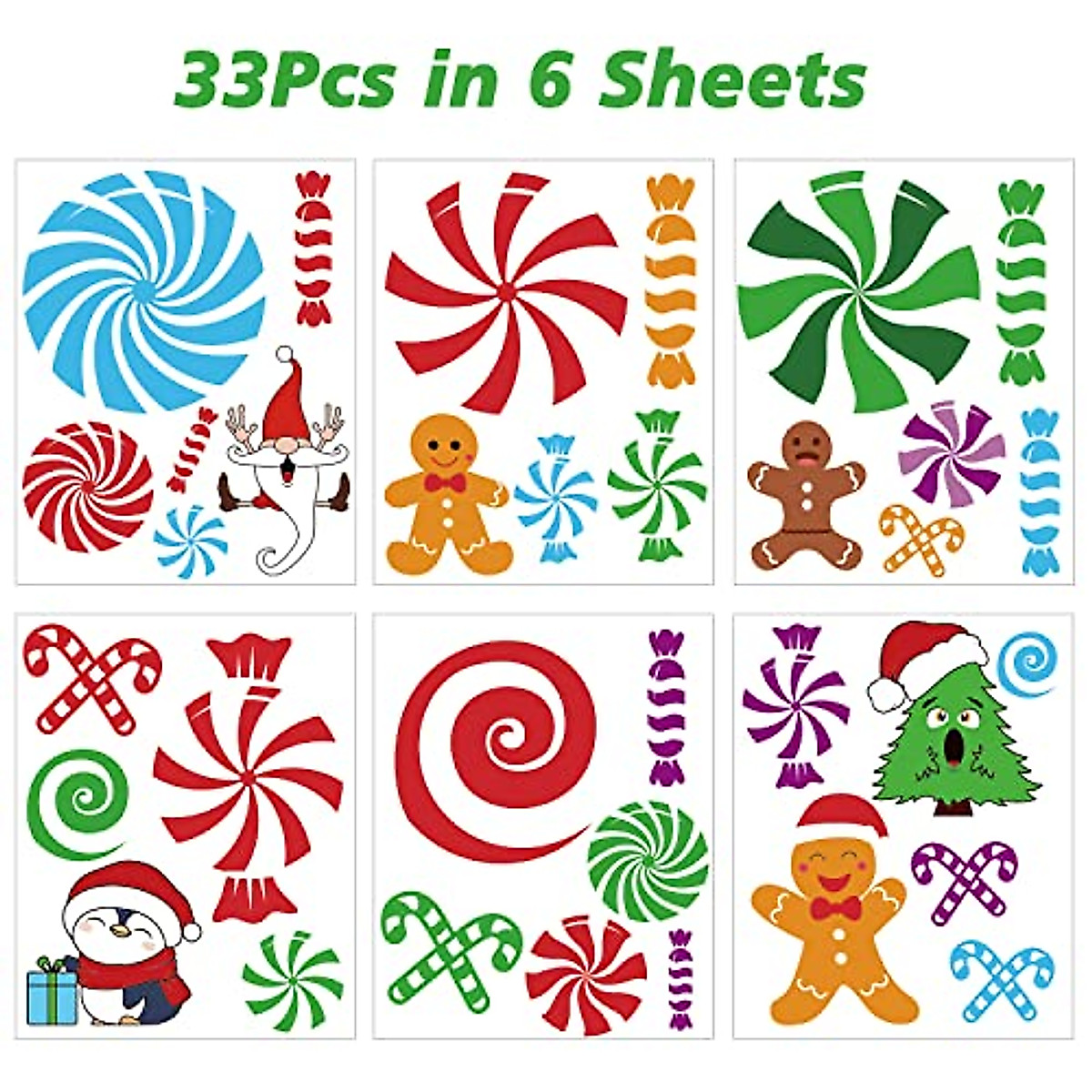 KIMOBER 33PCS Christmas Peppermint Floor Decals,Christmas Candy Santa Claus Gingerbread Wall Stickers for Xmas Party Decoration