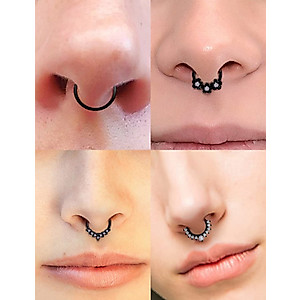 Vsnnsns 16G Septum Jewelry Septum Ring Piercing Jewelry Opal Septum Clicker Ring and Horseshoe Barbell Stainless Steel Ring Septum Nose Rings Hoop for Men Women Black 10mm 9pcs