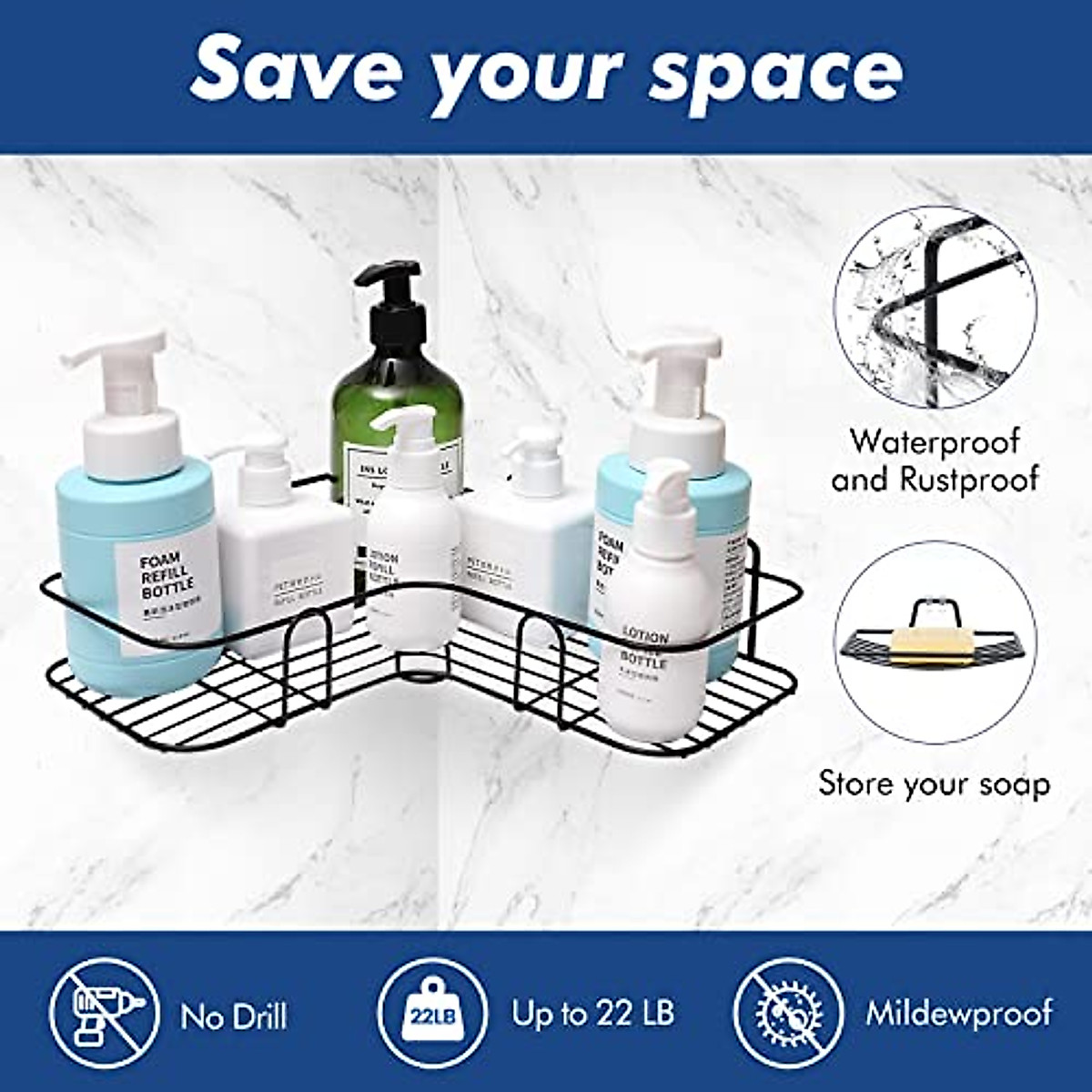 FAMI HELPER Corner Shower Caddy Shelf, 2 Pack No Drilling Traceless Adhesive Storage Organizer With Soap Dish Holder, Wall Mounted Storage Shelf for Bathroom, Kitchen