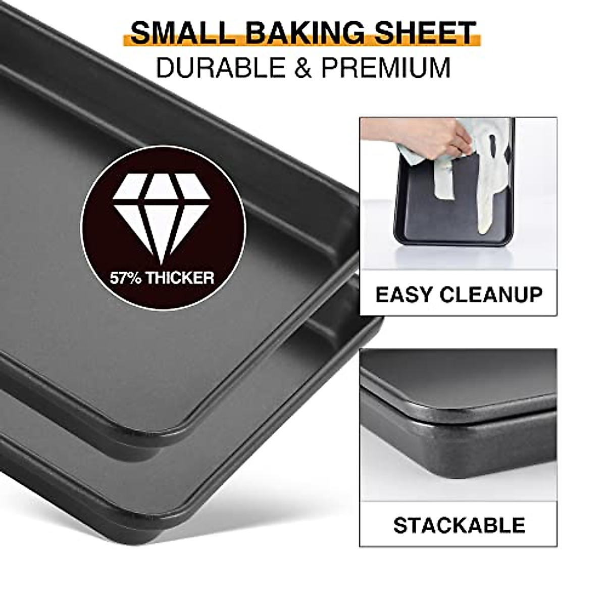 HONGBAKE Toaster Oven Pans for Baking, Nonstick 1/8 Cookie Sheet Pan Set, Small Baking Tray, 9.7X7.5", Dishwasher Safe and Heavy Duty, 2 Pack - Black