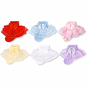 CozyWay Toddler Socks Lace Ruffle Baby Girl Socks Frilly Eyelet Trim Ankle Dress Socks 0-6 Months Multi Color - 6 Pack