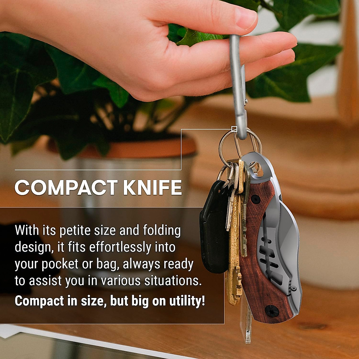 Small Pocket Knife for Men - 5.7’’ Keychain Knife with Bottle Opener - Box Cutter - Wood Handle - Liner Lock - Legal Mini EDC Folding Knife - Cool Sharp Tiny Knives - Gift for Everyone 6779N