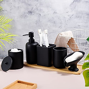Resin Matte Black Bathroom Accessory Set of 5, Lotion Soap Dispenser, Bathroom Organizer Accessories, Toothbrush Holder, Self Draining Soap Hoder and Bathroom Tumbler for Modern Home Decor