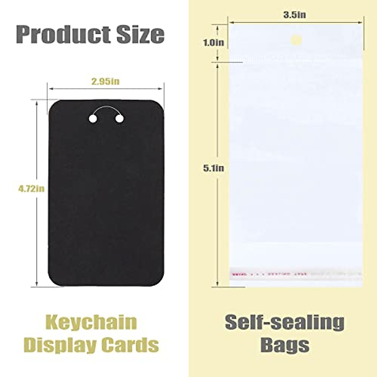 ZYNERY 100 PCS Keychain Display Cards, 3 x 4.7 Inch Keychain Holder with Self-Sealing Bags, Card Display Rack for Displaying Keyring Jewelry Bulk Keychains Packaging Supplies (Black)