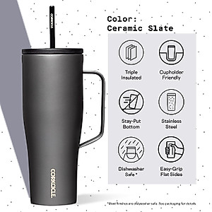 Corkcicle 30oz Tumbler With Handle, Ceramic Slate, Reusable Water Bottle, Triple Insulated Stainless Steel Travel Mug, BPA Free, Keeps Beverages Cold 12 Hours, Tumbler with Lid and Straw, Cold Cup XL