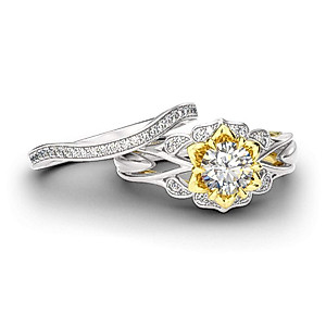 Jeulia 2 Carat Flower Engagement Ring Set for Women 14K Gold Plated Wedding Band Round Cut Cubic Zirconia Rings CZ Solitaire Engagement Rings (5)