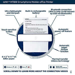 HPRT Wireless Bluetooth Portable Printer for Travel Supports 8.5" X 11" US Letter & A4 Paper, Compatible with Android and iOS Phone No-Ink Technology Suitable for Mobile Office.(MT800Q)