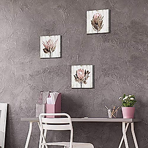 UTOP-art Pink Floral Picture Wall Art: Protea Flowers Artwork Print on Wooden Textured Canvas Art for Bathroom (12'' x 12'' x 3 Panels)