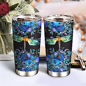 64HYDRO 20oz Dragonfly Gifts for Women, Valentines Day Gifts for Her, Coffee Thermos, Coffee Gifts for Women, Inspirational Blue Flower Dragonfly Tumbler Cup, Insulated Travel Coffee Mug with Lid