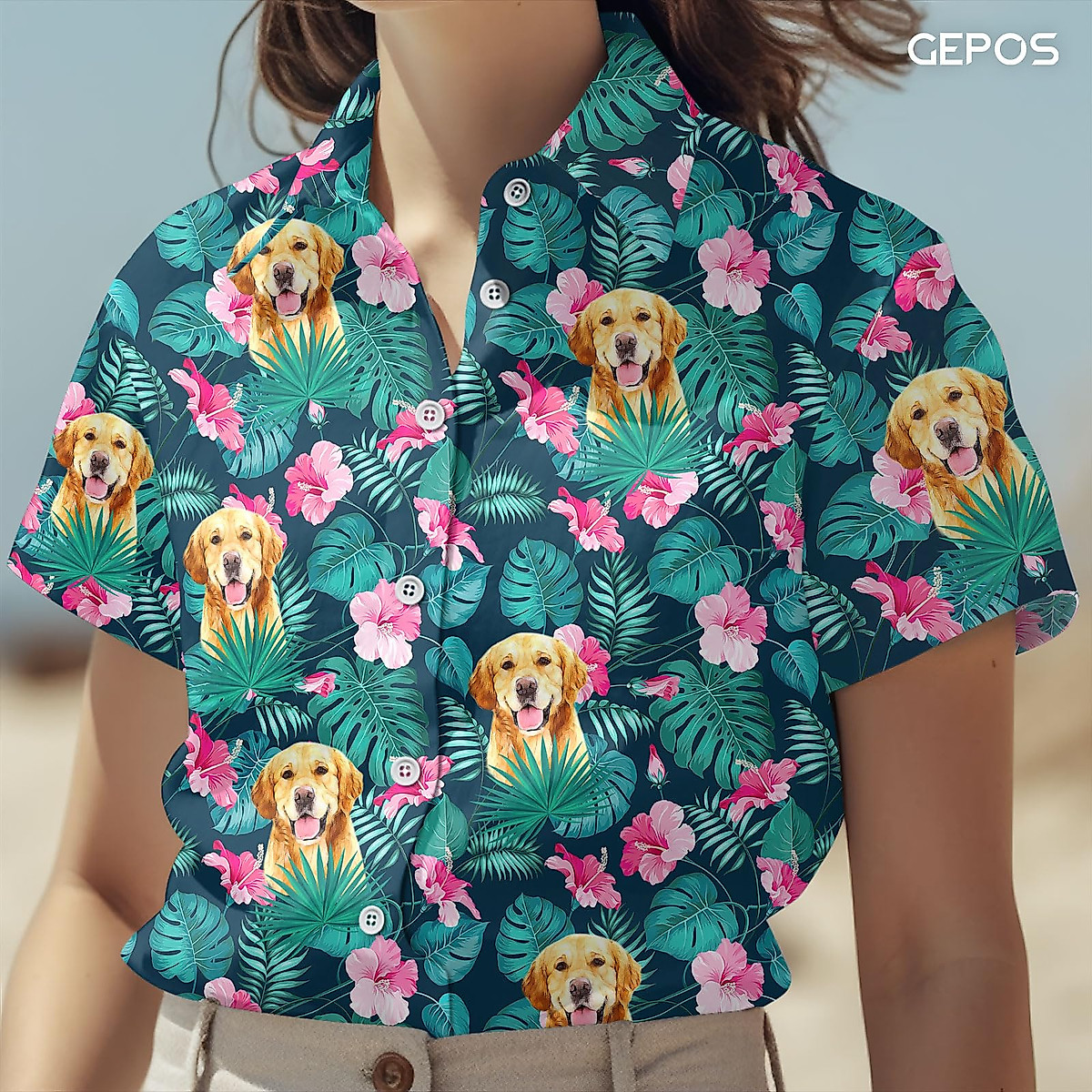 Dog Lover Pint Casual Hawaiian Shirt for Unisex, Pet Owner Short Sleeve Button Shirt for Men Women, Golden Retriever (Large)