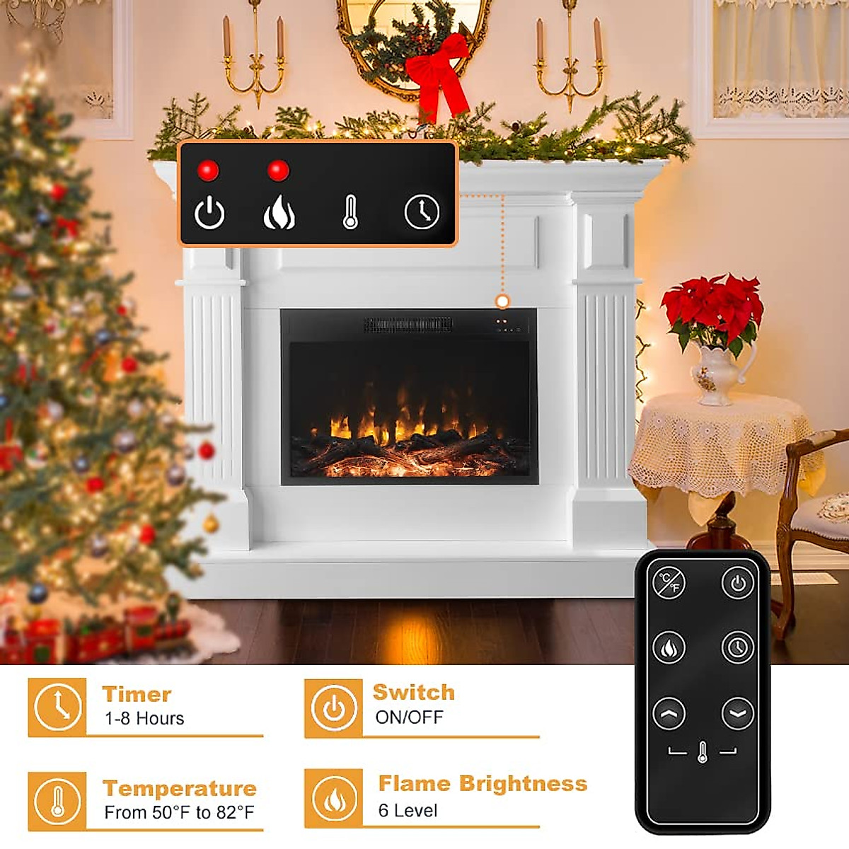 Electric Fireplace with Mantel, Tall Fire Place Heater Freestanding with Remote Control Timer LED Flame for Living Room Bedroom