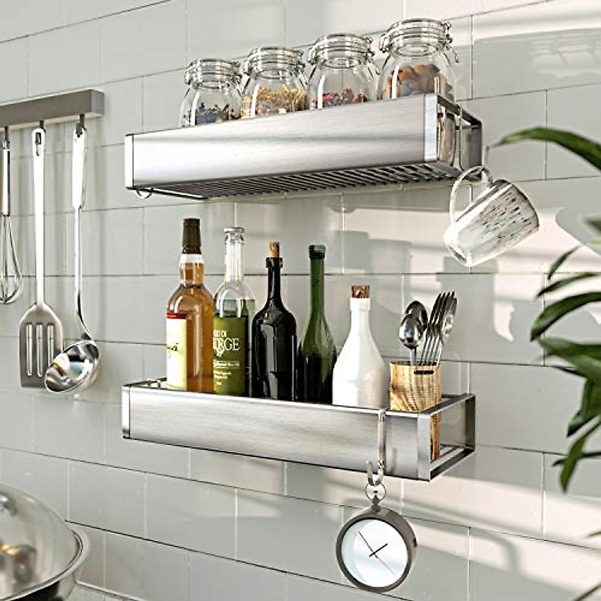 Roseyat Bathroom Adhesive Shower Caddy Basket Shelf with Hooks, No Drilling Removable Bathroom Shelf Organizer,Stainless Steel Rustproof Shower Rack for Shampoo Storage, Sponge Holder-Silver