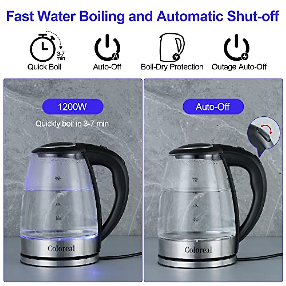 Glass Electric Kettle, 1.8 Liter Tea Kettle With Blue LED Light, 1500W Cordless Portable Water Boiler for Boiling Water, Auto Shut Off And Boil-Dry Protection Glass Teakettle BPA Free
