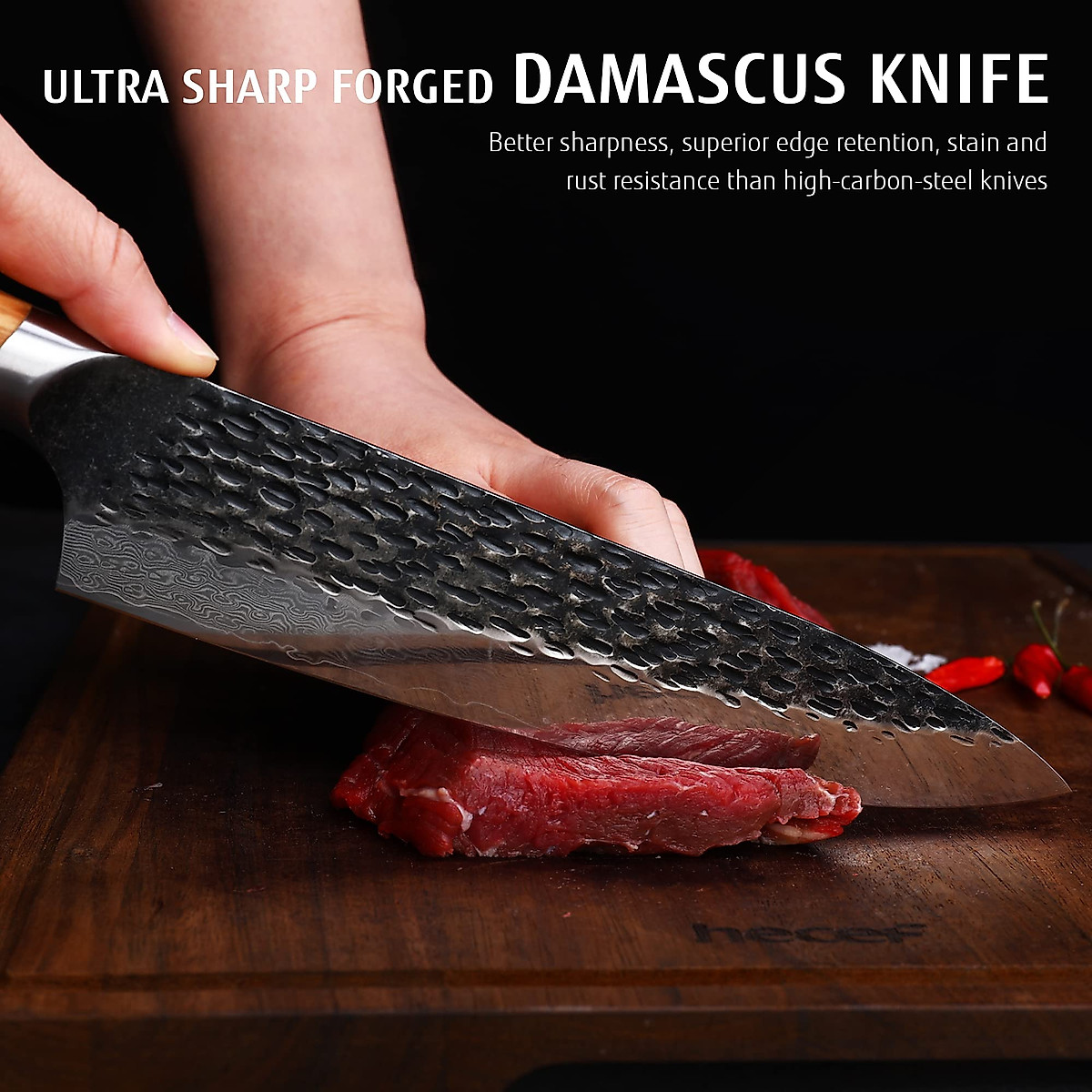 hecef 8 Inch Chef Knife Damascus Professional Japanese Knife, High Carbon Damascus Stainless Steel Kitchen Knife with Ergonomic Olive Wood Handle, Sharp Cooking Knife