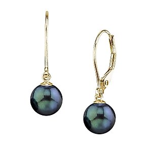 THE PEARL SOURCE 14K Gold 7.5-8mm AAA Quality Round Genuine Black Akoya Cultured Pearl Leverback Earrings for Women