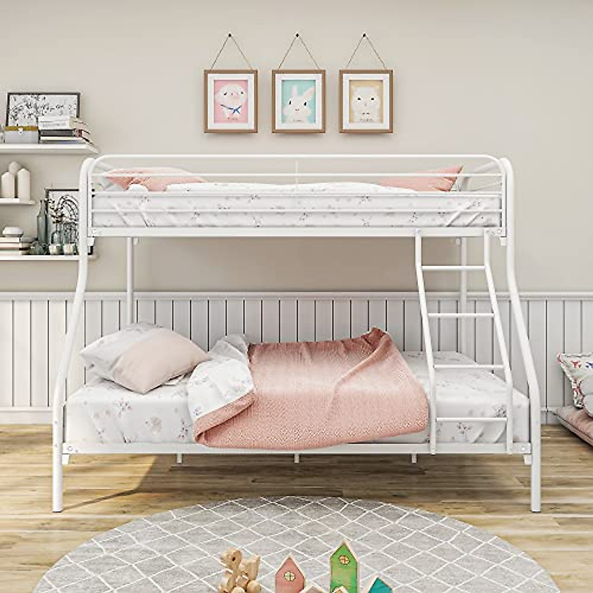 EMKK Twin Over Full Metal Bunk Bed with Ladder & Safety Guard Rails,Low Bunkbeds w/Sturdy Steel Slat Support, for Kids Teens Adults,Space Saving, No Box Spring Need