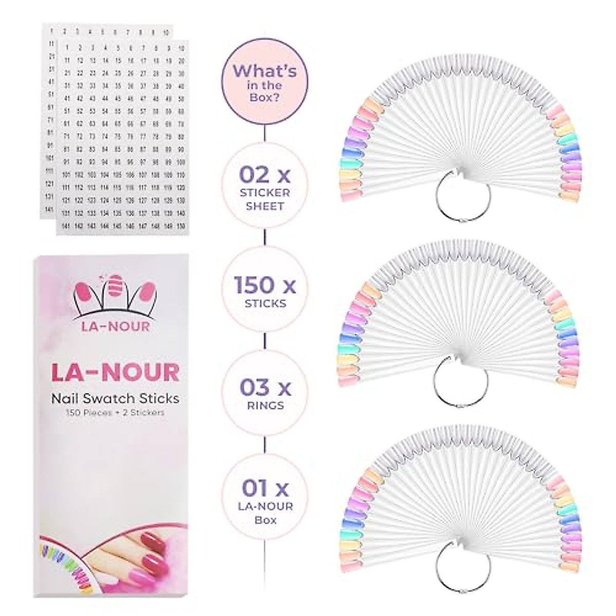 LA NOUR 150 Pcs - Nail Swatch Sticks with Ring & Stickers, – Practice Nail Tips, for Nail Polish, Gel, Dip Powder & Nail Art Practice – Clear, Large & Fan-Shaped – Best for Home & Salon (150 count)