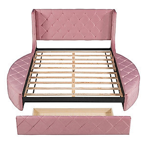 VilroCaz Queen Size Upholstered Platform Bed with Wingback Headboard, Velvet Platform Bed Mattress Foundation with 1 Big Drawer and 2 Side Storage Stool, Strong Wood Slats Support (Pink-S)