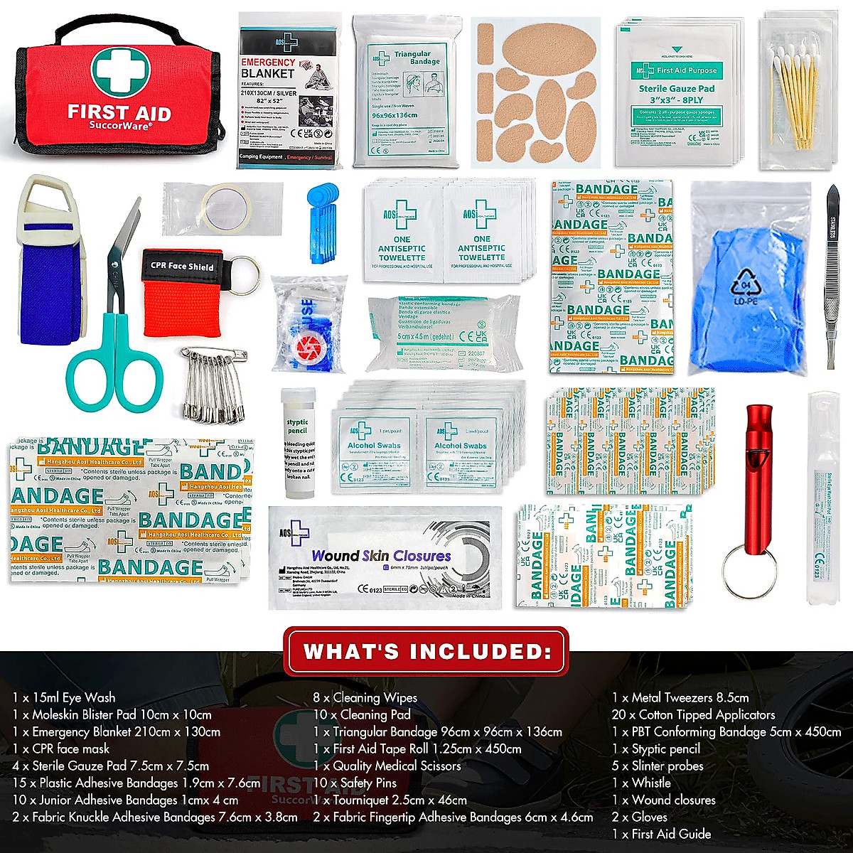 SuccorWare Small First Aid Kit - 100 Piece - Mini First Aid Kit for Home, Camping, Hiking, Backpacking, Travel, Vehicle, Outdoors - Emergency & Medical Supplies