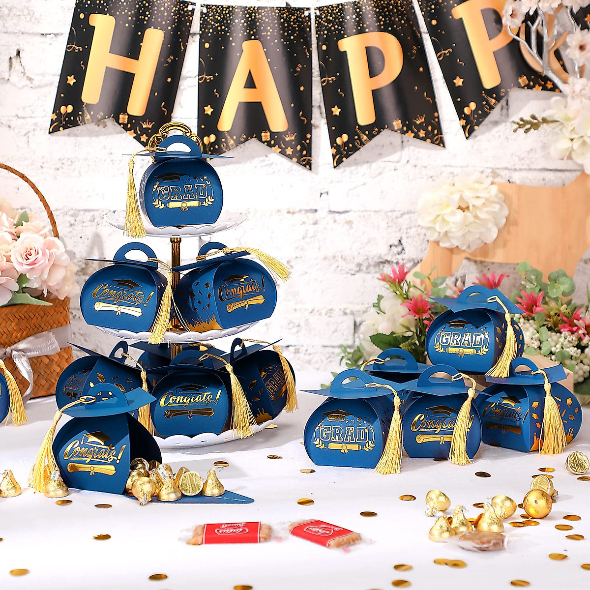 Spakon 30 Pcs Graduation Cap Gift Box Graduation Party Favors Graduation Candy Box Treat Box with Tassel Graduation Centerpieces for Tables 2024 Graduation Decorations Grad Part(Blue, Gold)