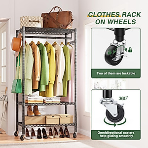 LEHOM G1M Heavy Duty Clothes Rack, 3 Tiers Rolling Garment Rack for Hanging Clothes, Adjustable Wire Clothing Rack with Storage Shelves, Lockable Wheels Freestanding Closet Wardrobe for Bedroom