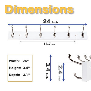 ROOREVO Wall Mounted Coat Rack 24 Inches with 6 Hooks - 2 Pack, Wall Coat Hooks Wall Hat Hanger, Satin Nickel & White