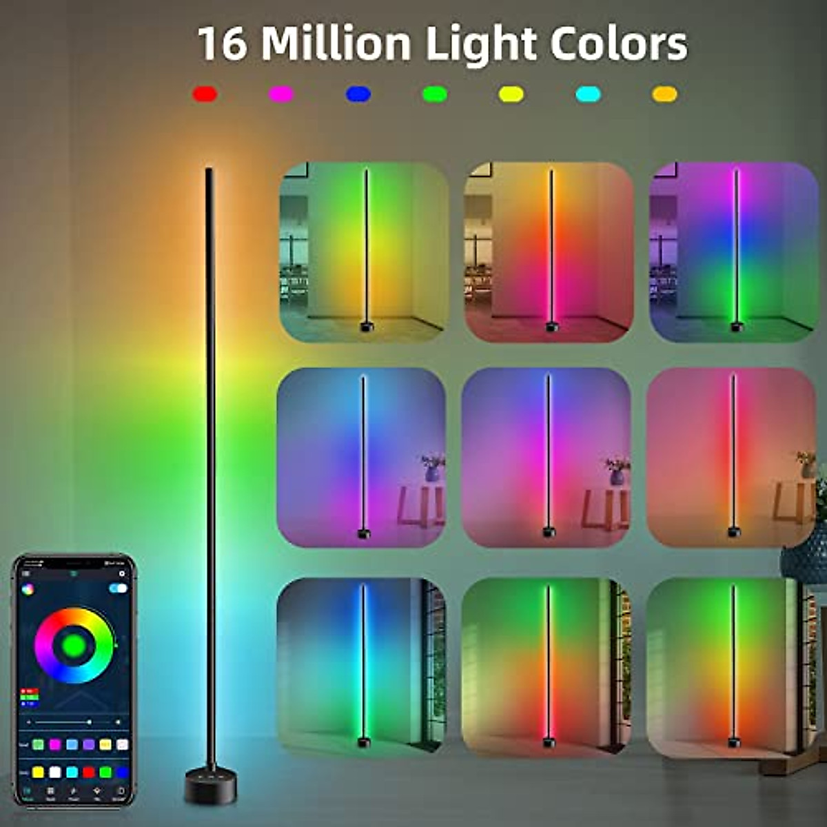 Probapro Corner Floor Lamp, 55'' RGB LED Floor Light for Bedroom, Color Changing Mood Lighting with Music Sync, LED Corner Light with Remote & App Control, RGB Corner Lamps for Living Room Gaming Room