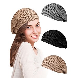 Newcotte 3 Pcs Soft Slouchy Crochet Beret Chic Cutout Beret Hats for Women Lightweight Knit Beanie Caps for Women(Black, Gray, Khaki)