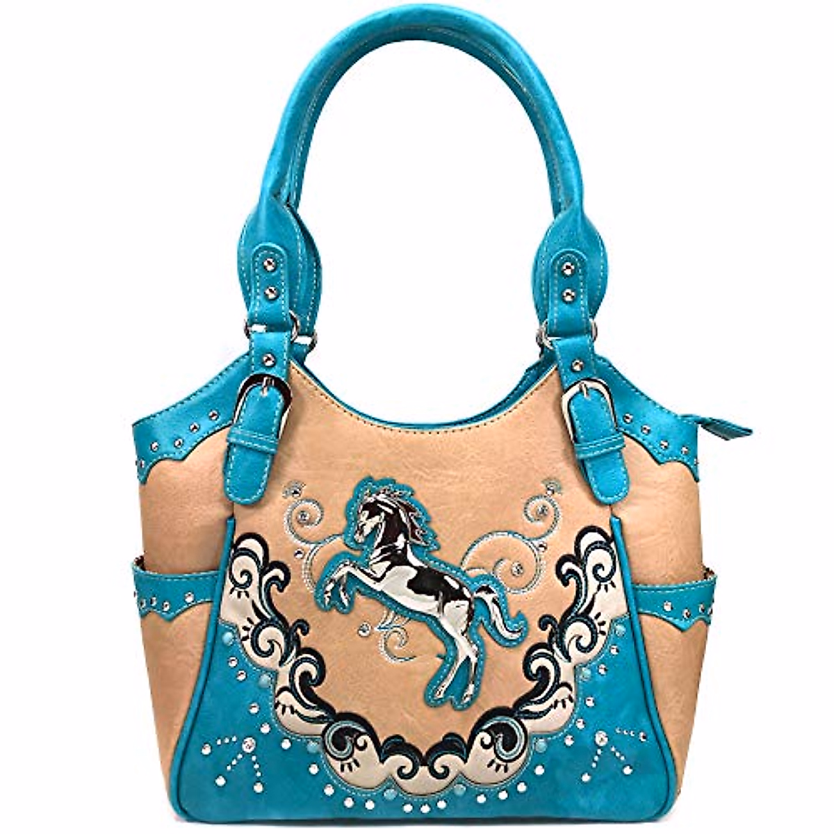 Zelris Western Mustang Horse Turquoise Embroidery Conceal Carry Women Tote Purse (Tan)