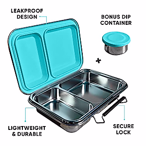 WEST BROS Stainless Steel Lunch Box and Dip Container - Premium Metal Bento Box - Stainless Steel Food Container with 2 Compartments - Modern Leakproof Snack Lunch Set (Blue)