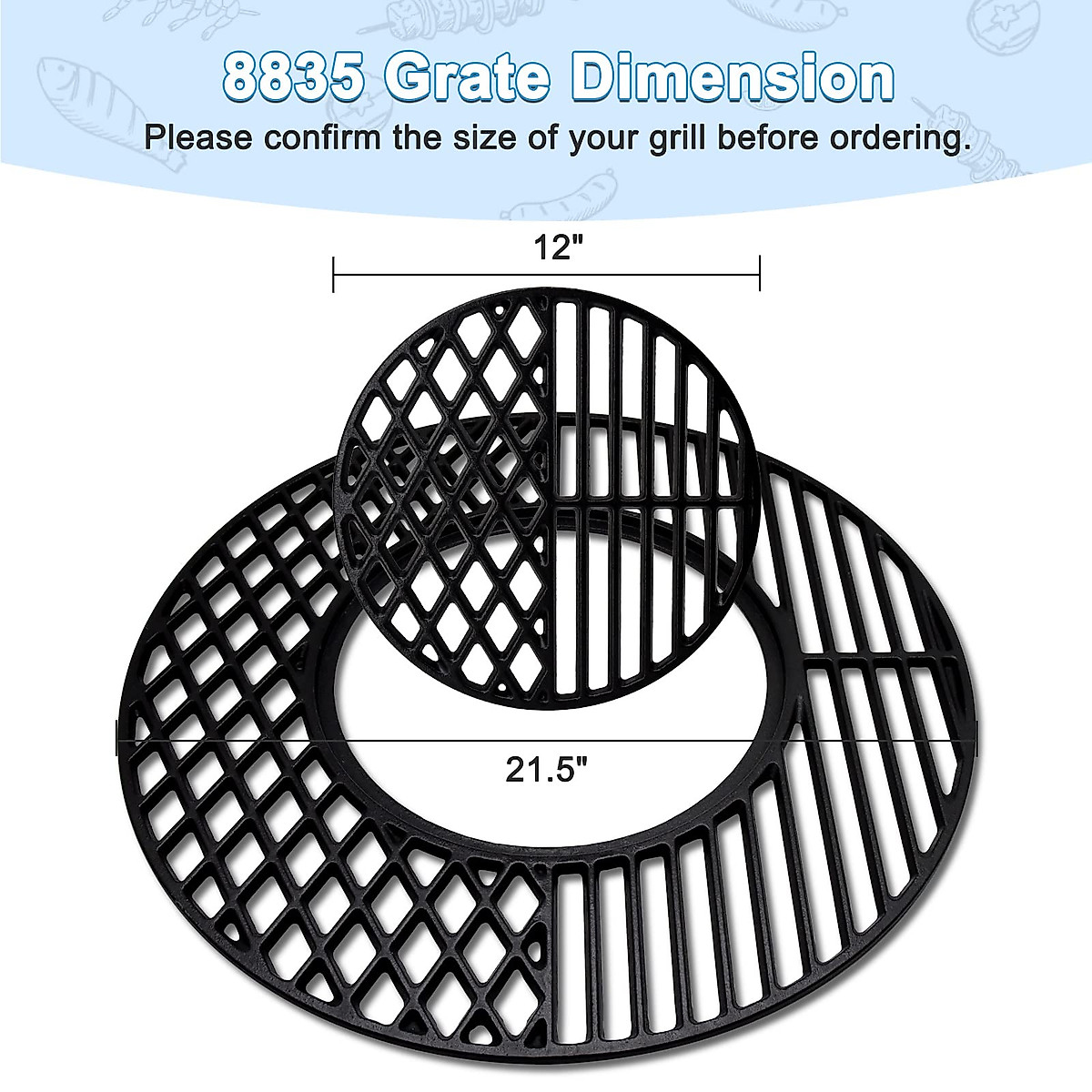 Adviace 21.5 Inch 8835 Cast Iron Grill Cooking Grates Replacement for 22.5" Weber Master-Touch, 22.5" Charcoal Smoker, Weber 22 Inch Kettle, Premium 22 Inch Charcoal Grill, 22" Weber Performer Premium