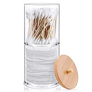 TCJJ Acrylic Cotton Round Pad Holder and Qtip Holder Dispenser Set with Bamboo Lid, Stackable, Clear Plastic Bathroom Vanity Organizer for Makeup Cotton Pad Swab Ball (Bamboo Lid)
