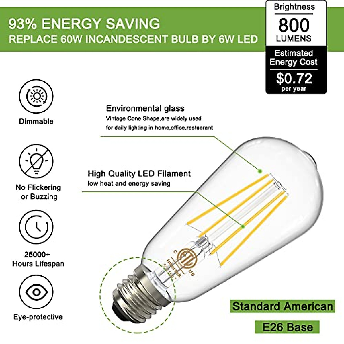 Volxon Dimmable E26 Edison Bulbs 60 Watt LED Equivalent, Vintage Style Antique Light Bulbs, 6W 2700K Warm White, High Brightness 800LM, LED Filament Bulb, 95+ CRI, ETL Listed(4 Pcs)