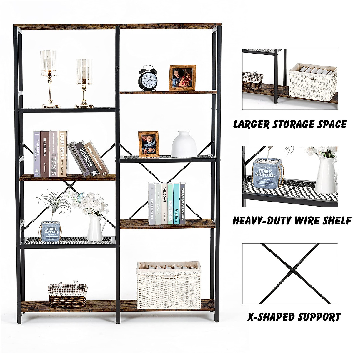 Becko US Bookshelf Bookcase Industrial 8 Tier Book Shelf Vintage Etagere Bookcase with Rustic Finish & Metal Frame & Wire Mesh