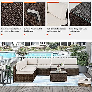 HOMPUS 7-Piece Outdoor Handwoven PE Rattan Wicker L-Shaped Corner Conversation Set Furniture Brown Patio Sectional Sofa Set w Beige Seat Cushions, Glass Coffee Table for Garden,Yard,Pool