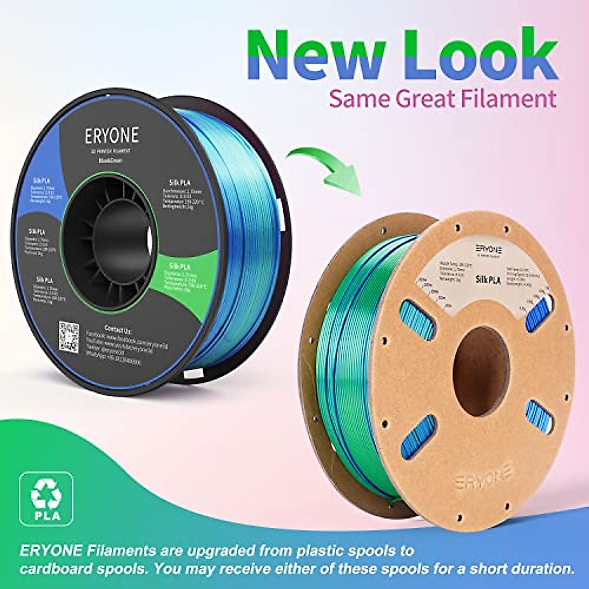 ERYONE Silk Dual Color Filament PLA 3D Printer 1.75mm +/- 0.03mm, Coextrusion Filament PLA Shiny Filament 1kg(2.2lbs), Blue Green