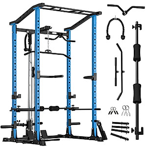 ER KANG Power Cage, Power Rack with LAT Pulldown, Multi-Functional Squat Rack, Squat Cage with More Training Attachments for Home Gym(Blue)