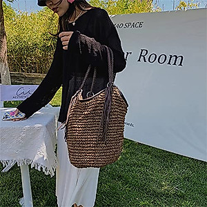 QTKJ Soft Large Straw Shoulder Bag with Brown Charm Leather Tassels, Boho Leather Handle Tote Retro Summer Beach Bag Rattan Handbag (Brown)