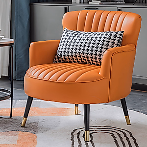 MoNiBloom Accent Chair Modern Armchair Single Sofa Chair with Lumbar Pillow, Mid Century Modern Comfortable Leatheraire Reading Chair for Living Room Bedroom, Metal Legs Back Club Arm Chair, Orange