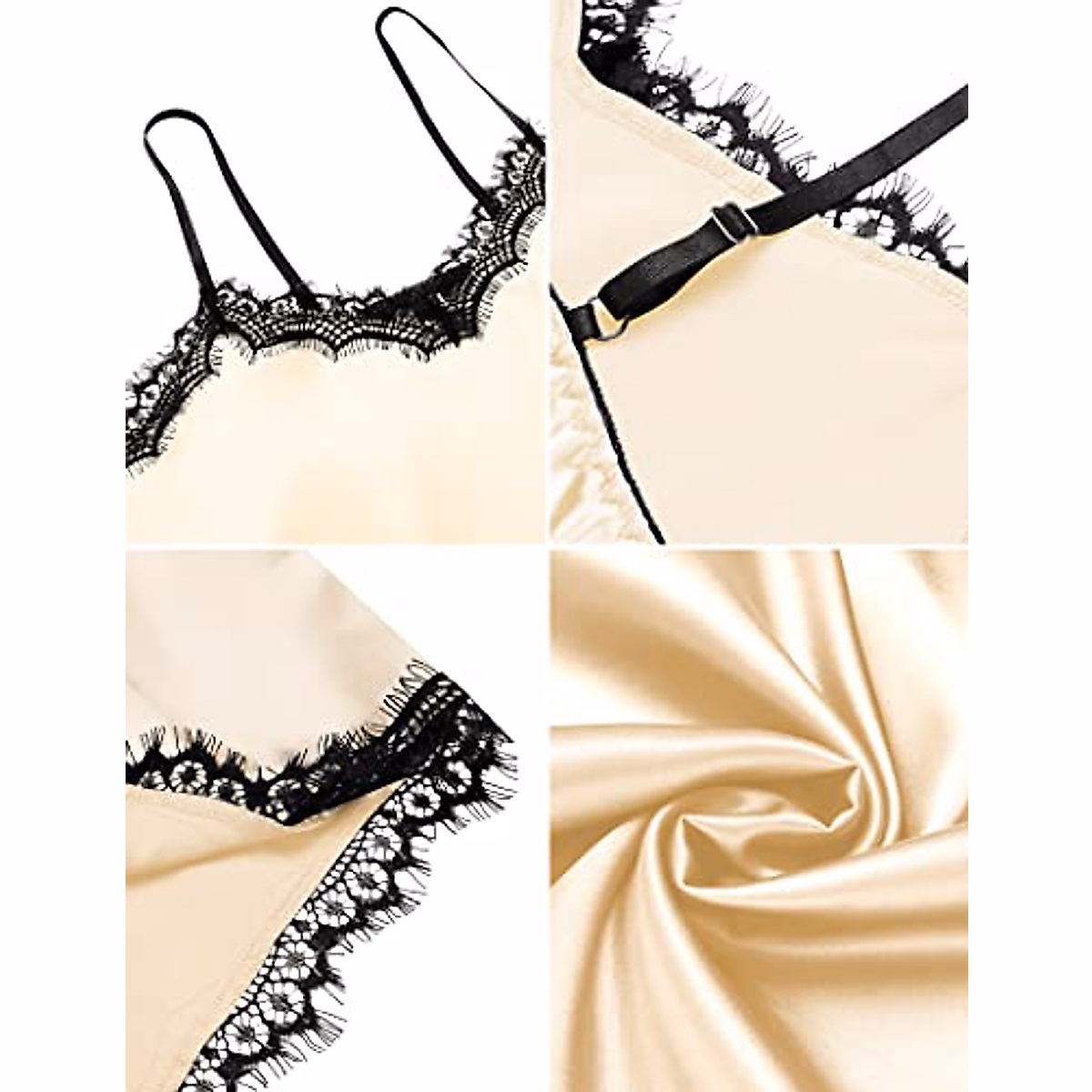 Ekouaer Sexy Lace Silk Satin Pajamas Cami Lingerie Sets 2 Piece Pjs Sleepwear Loungewear Bridal Gift for Women Champagne Small