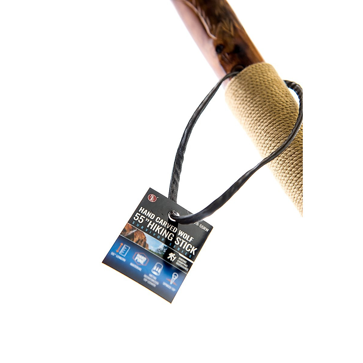 SE Survivor Series 55" Hand Carved Wolf Hiking Stick, Weatherproof, Rope Wrapped, Metal Tip - WS626-55RW