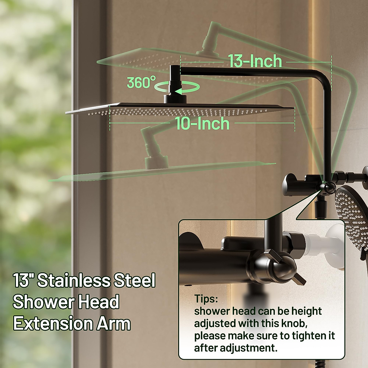 Kurpot Double Shower Heads with Handheld Spray Combo, 10" Stainless Steel Rain Shower Head with Handheld, 3+3 Shower Mode, 13" Adjustable Shower Extension Arm and 59" Long Shower Hose, Matte Black